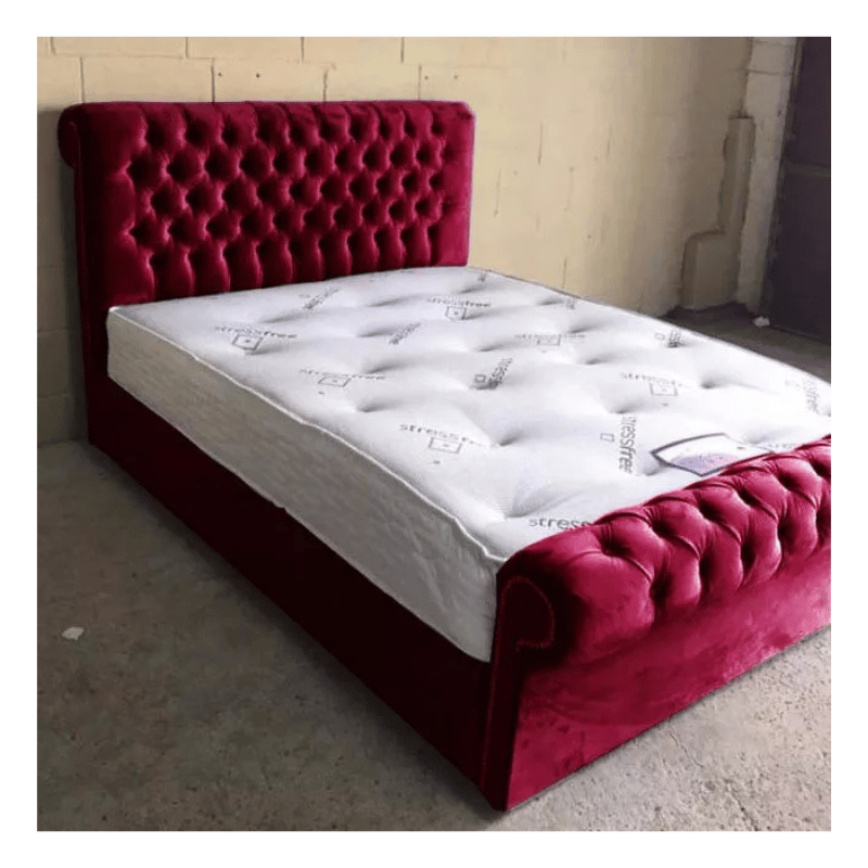 Luxury Plush Velvet Sleigh Scroll Bed with Gas Lift Storage – Cozy Dreams